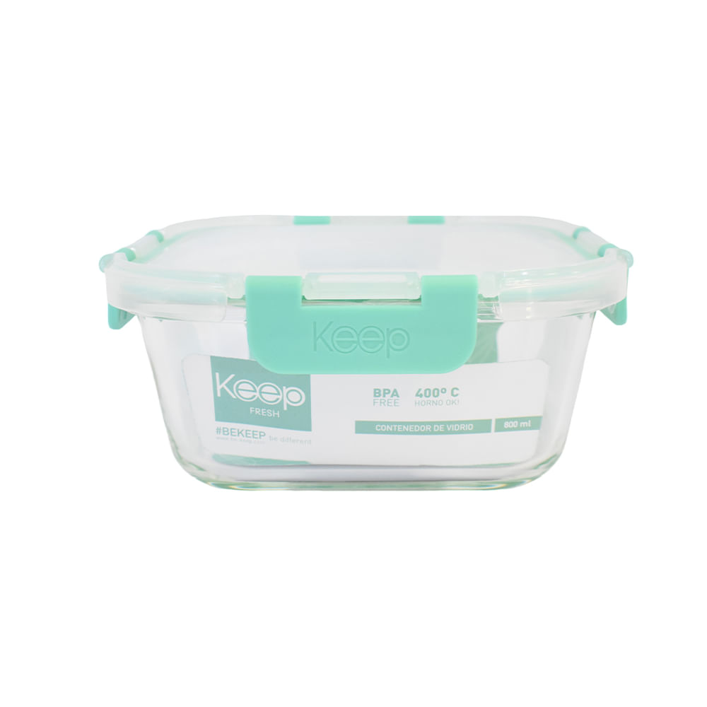 KEEP TAPER HERMETICO CUADRADO DE VIDRIO 800 ML VERDE AGUA - Multitop