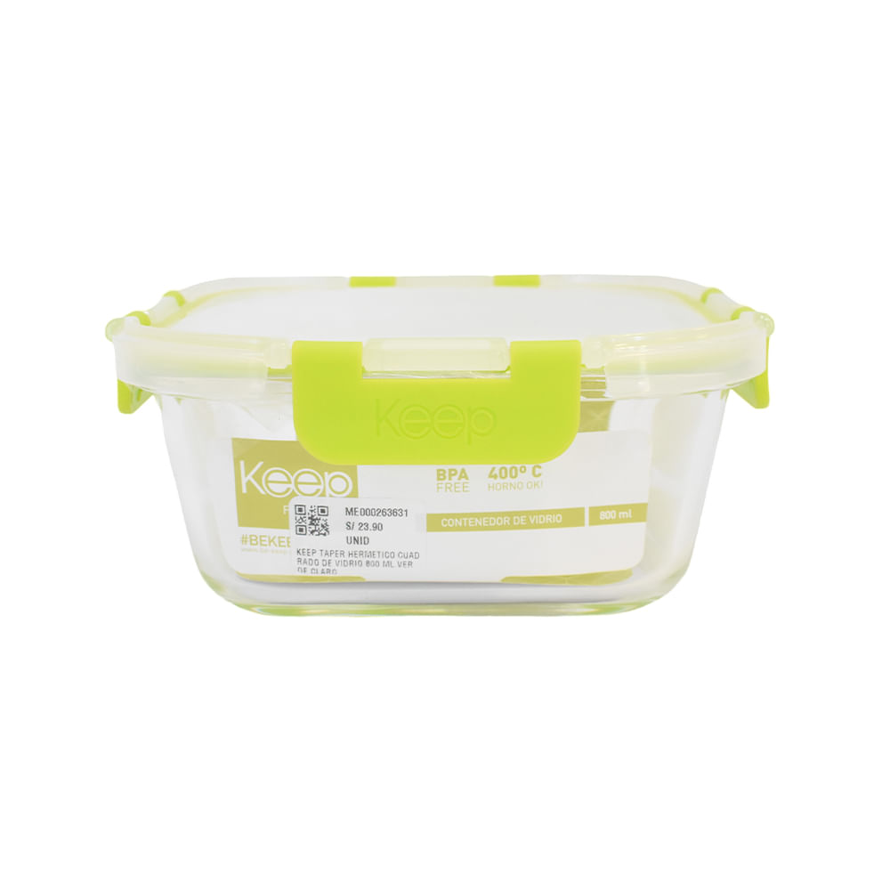 KEEP TAPER HERMETICO CUADRADO DE VIDRIO 800 ML VERDE CLARO - Multitop