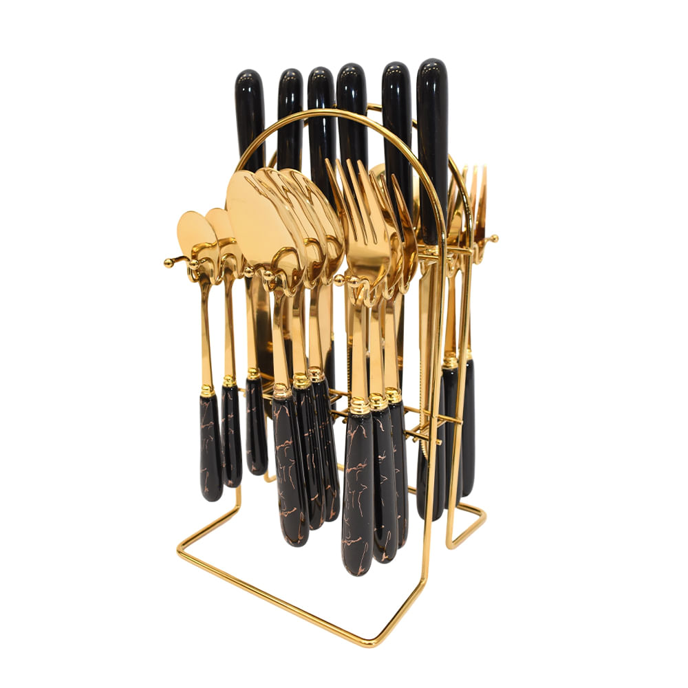 SET CUBIERTOS 24 PZS 13.5X16X25.5 CM DORADO C/NEGRO (CUB-004) - Multitop